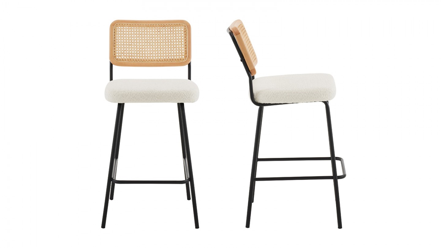 Lot de 2 tabourets de bar en tissu bouclé beige et cannage naturel ...