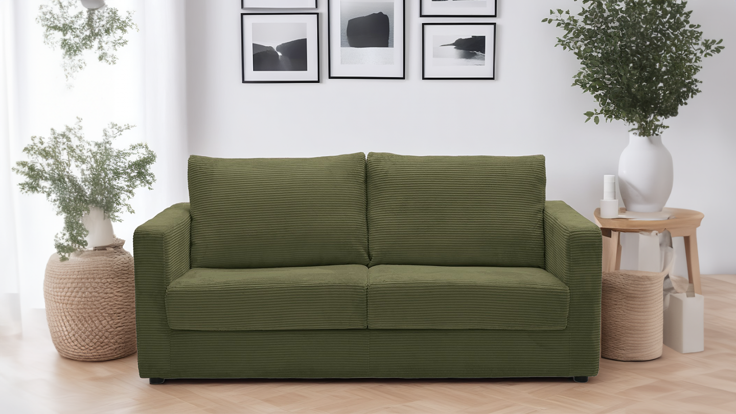 Canapé convertible 3 places en velours côtelé vert kaki - ouverture ...
