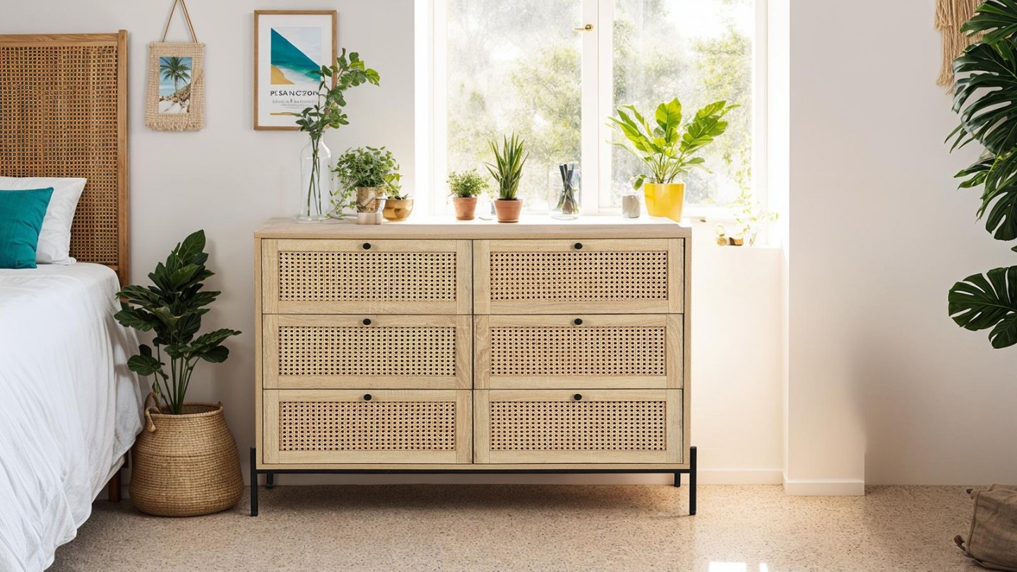 Commode 6 tiroirs en cannage naturel et effet chêne 120 cm - Iris - Homifab