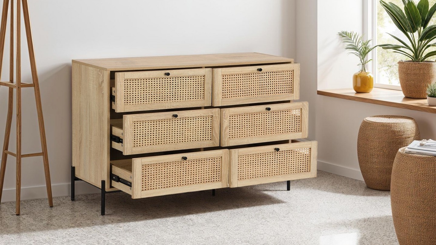 Commode 6 tiroirs en cannage naturel et effet chêne 120 cm - Iris - Homifab