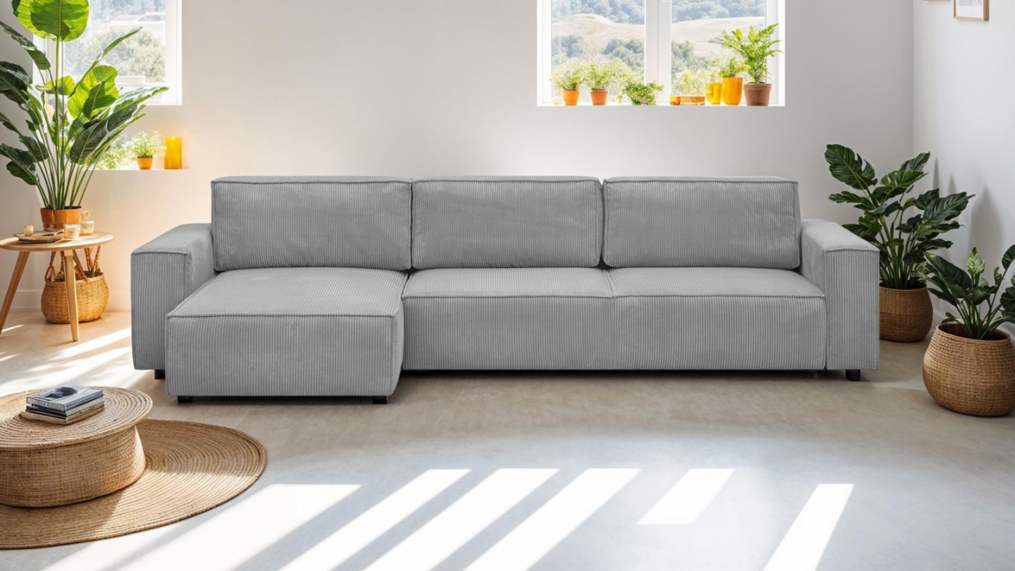 Canapé d'angle modulable 5 places en velours côtelé gris clair - Harper Mod - Homifab