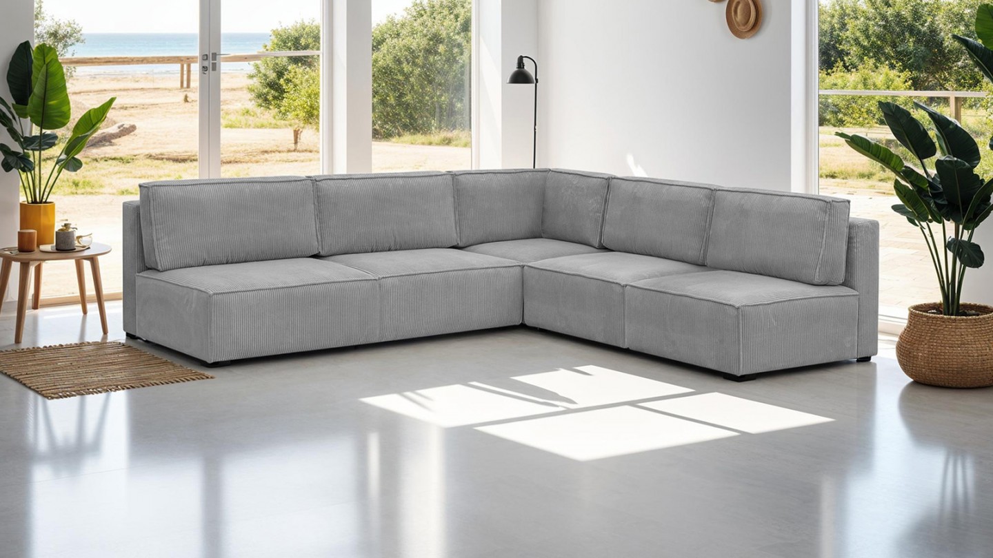 Canapé d'angle à droite modulable 8 places en velours côtelé gris clair - Harper Mod - Homifab