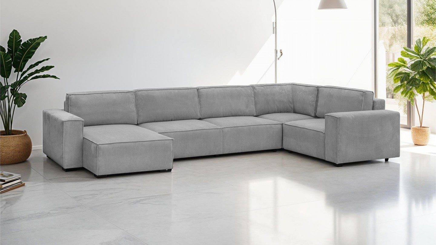 Canapé d'angle à droite panoramique convertible modulable 8 places en velours côtelé gris clair ...