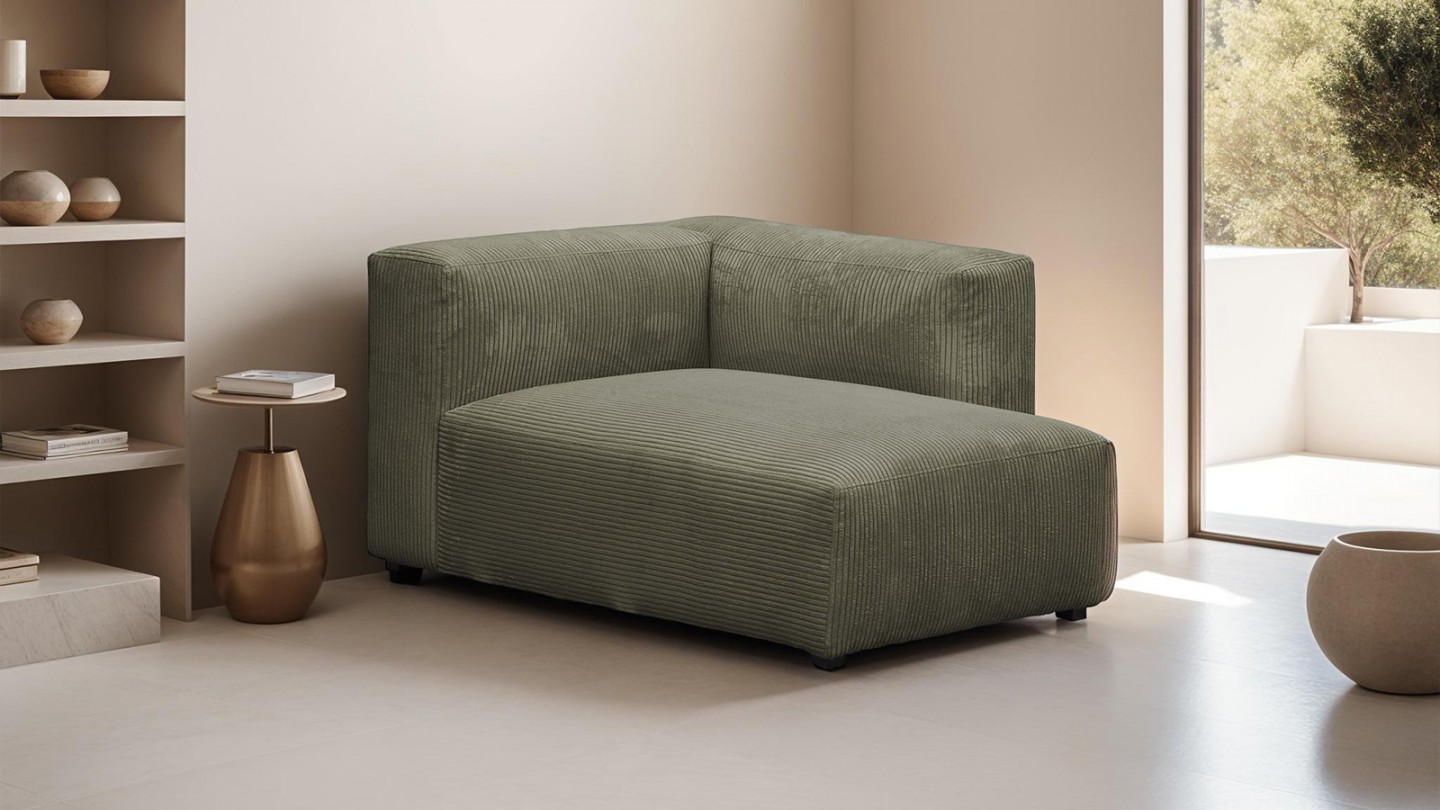 Méridienne d'angle à droite modulable en velours côtelé vert kaki ...