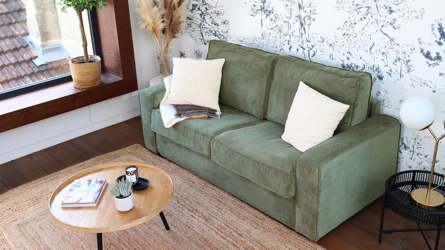Canapé convertible 3 places en velours côtelé vert - Ouverture express ...
