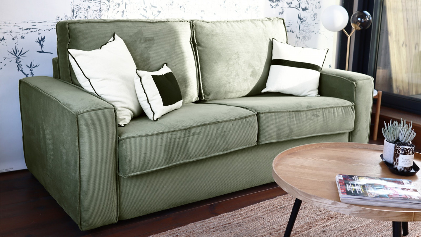 Canapé convertible 3 places en velours côtelé vert - Ouverture express ...