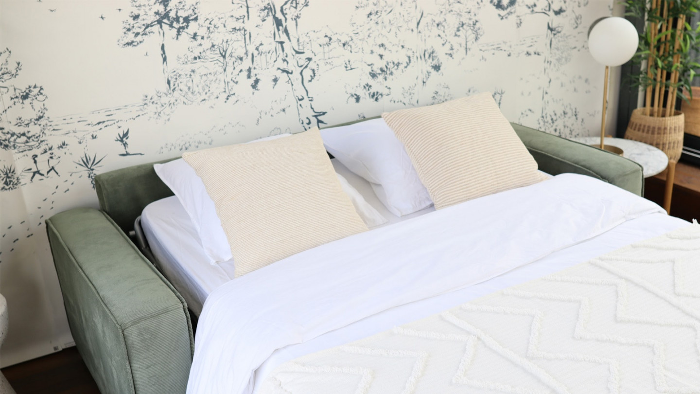 Canapé convertible 3 places en velours côtelé vert - Ouverture express ...