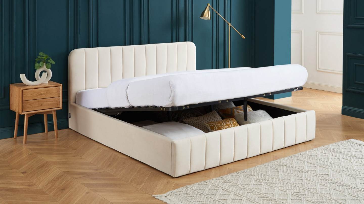 Lit coffre 180x200 en velours beige avec tête de lit + sommier à lattes ...