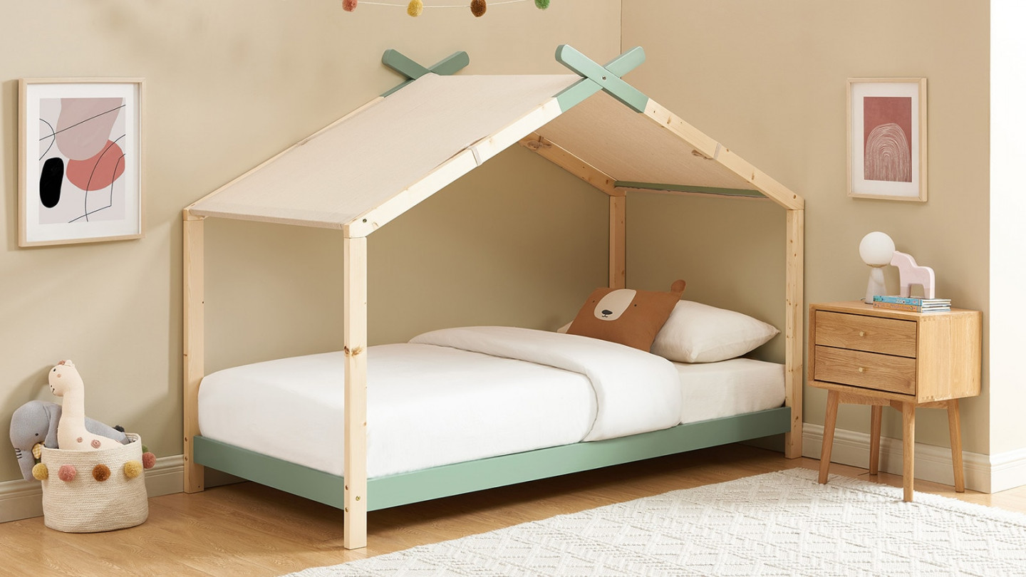Lit cabane 90x190 en pin massif vert avec sommier - Charly - Homifab