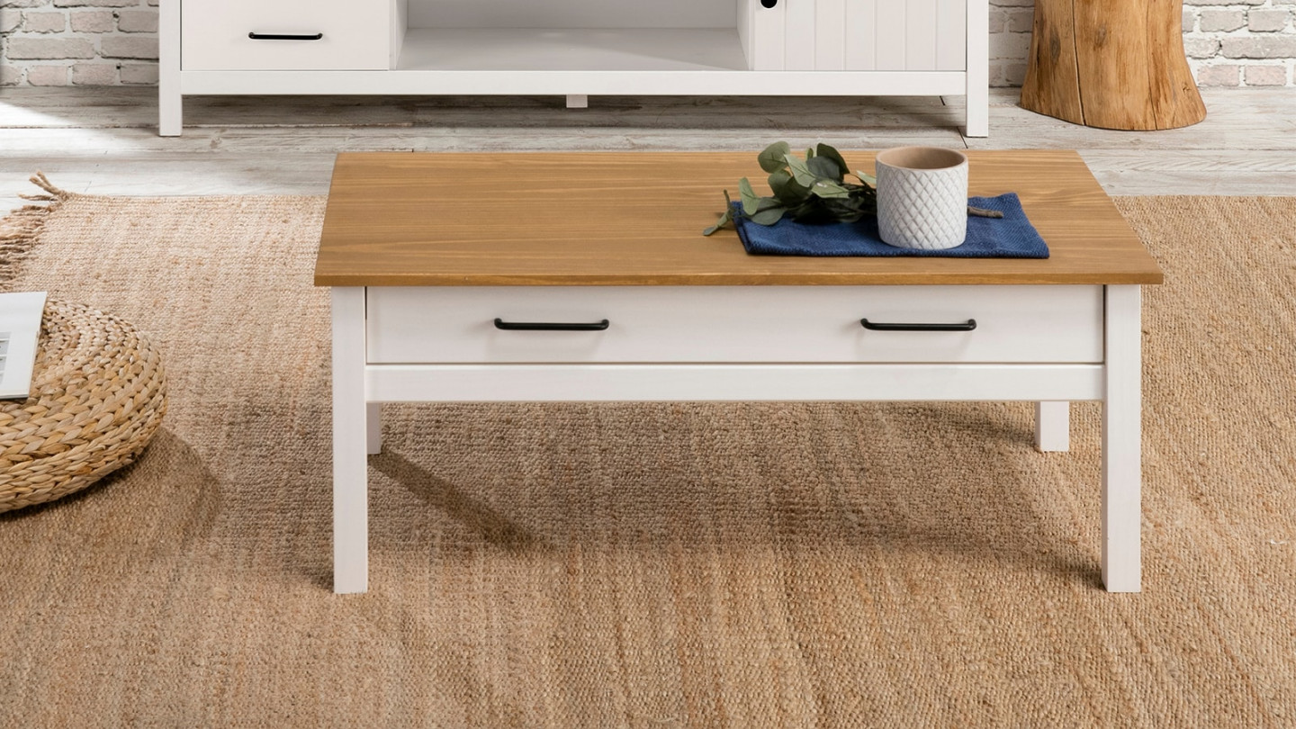 Table basse 1 tiroir en pin massif blanc 100 cm - Ida - Homifab
