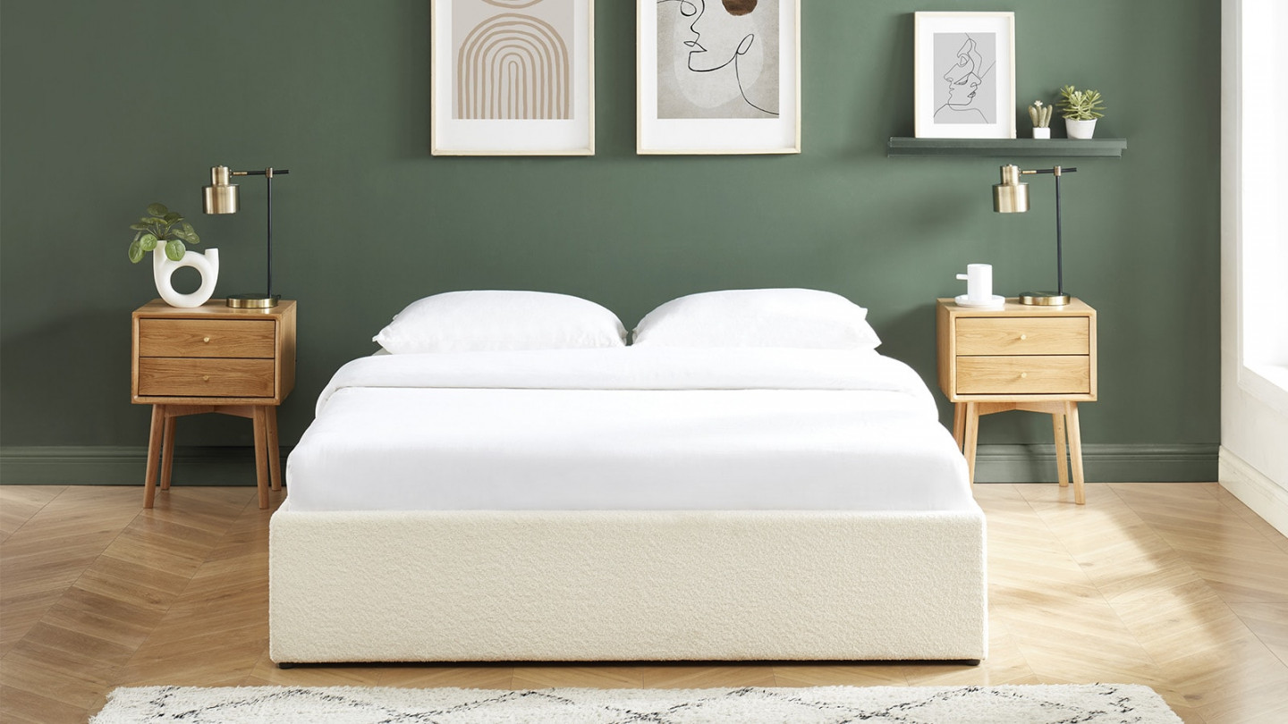Lit coffre 160x200 en tissu bouclé beige + sommier à lattes - Handy ... Lit coffre 160x200 en tissu bouclé beige + sommier à lattes - Handy ...