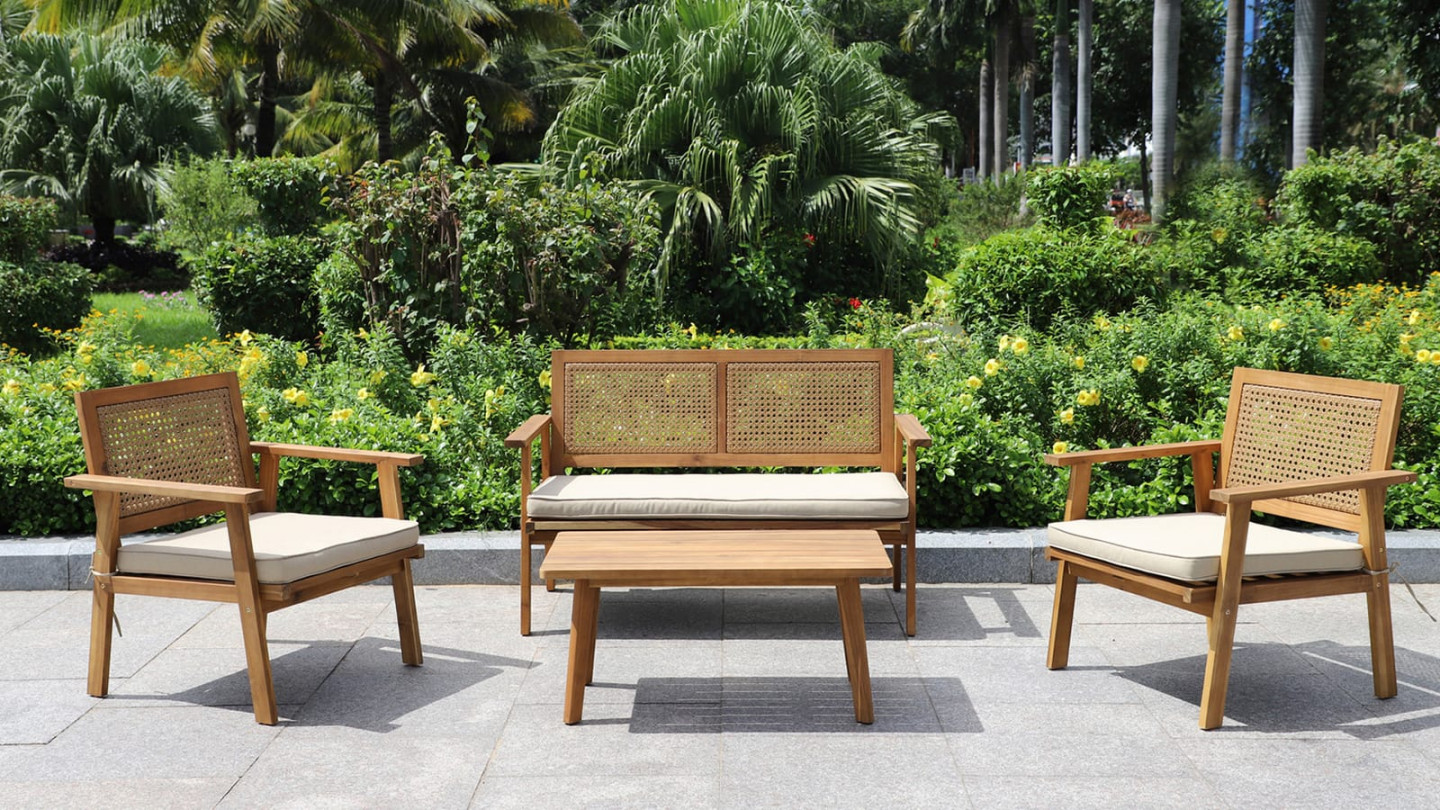 Salon de jardin 4 places en bois d'acacia et cannage coussins coloris ...