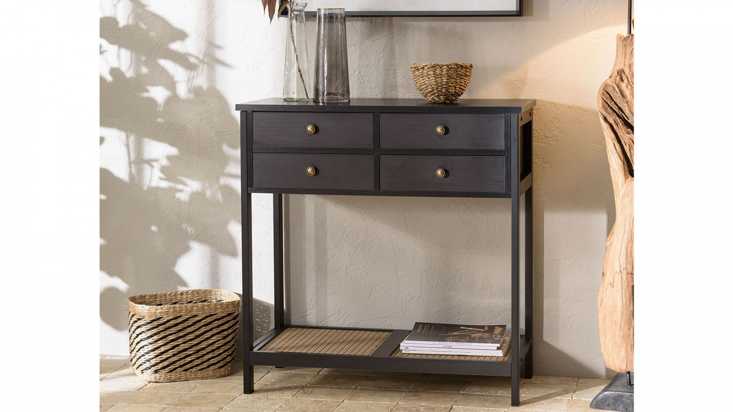 Console noire 4 tiroirs 1 étagère effet cannage - Charlie