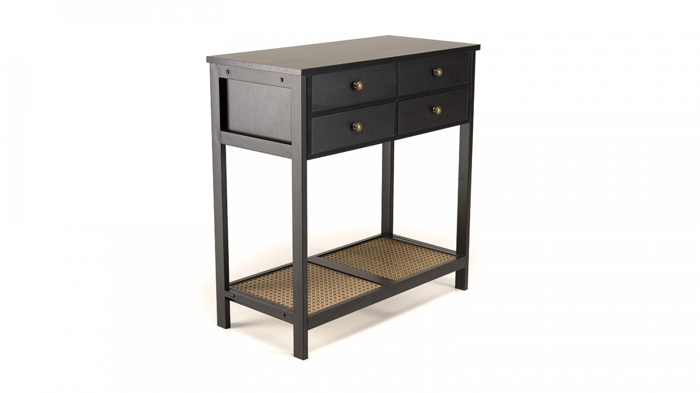 Console noire 4 tiroirs 1 étagère effet cannage - Charlie