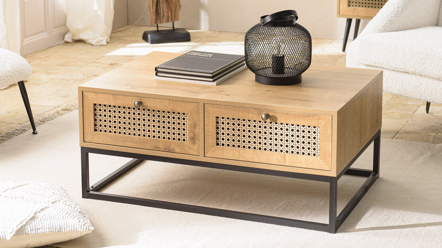 Table basse marron 4 tiroirs effet cannage pieds métal noir - Charlie