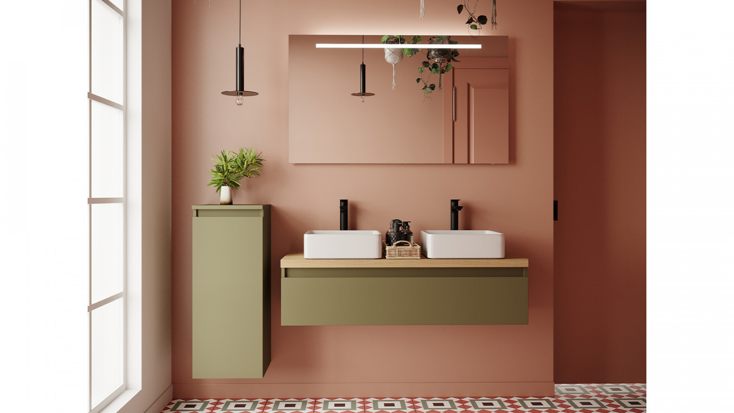 Meuble de salle de bain suspendu 2 vasques à poser 120cm 1 tiroir Vert ...