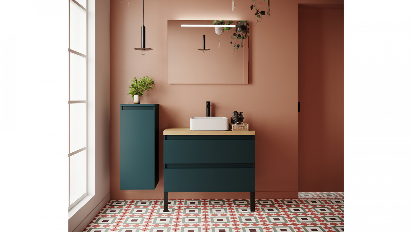 Meuble de salle de bain suspendu vasque à poser 90cm 2 tiroirs Bleu ...