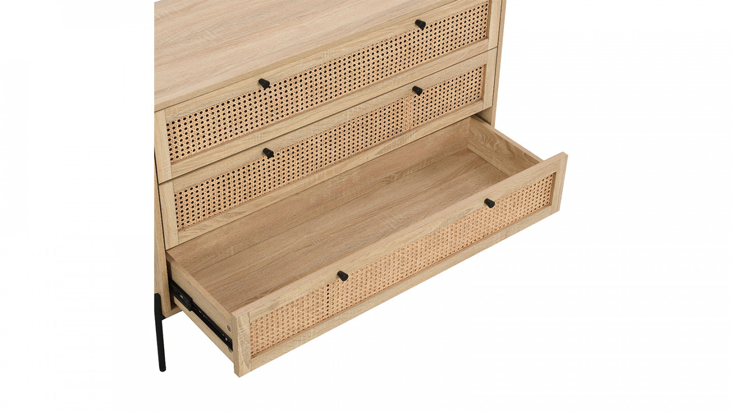Commode 3 tiroirs en cannage naturel et effet chêne 105 cm - Iris - Homifab