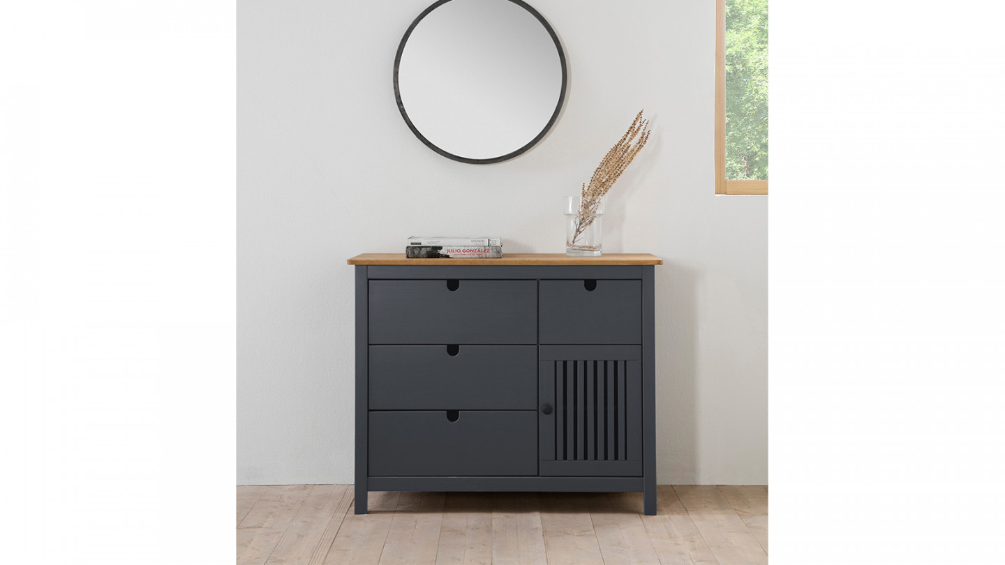 Commode 1 porte 4 tiroirs en pin massif gris anthracite 100 cm - Fabia ...