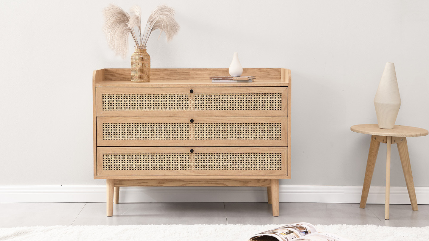 Commode 3 tiroirs en cannage naturel et placage chêne 105 cm - Eden ...