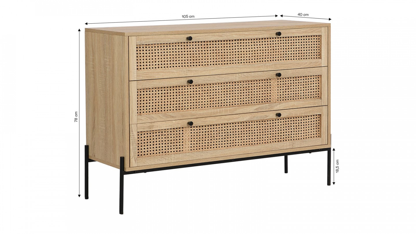 Commode 3 tiroirs en cannage naturel et effet chêne 105 cm - Iris - Homifab