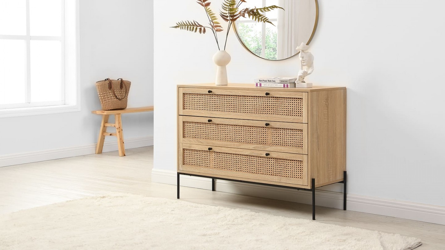 Commode 3 tiroirs en cannage naturel et effet chêne 105 cm - Iris - Homifab