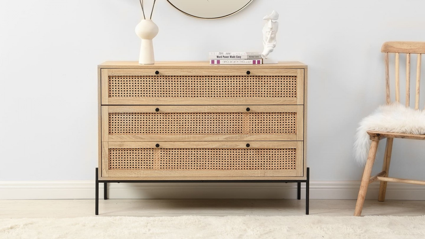 Commode 3 tiroirs en cannage naturel et effet chêne 105 cm - Iris - Homifab